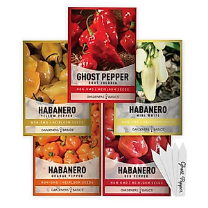 Hot Pepper Seeds For Planting Ghost Habanero - 5 Varieties Pack Ghost Pepper Seeds, Red, Orange, Yellow, White Habanero Seeds For Planting In Garden Non Gmo, Heirloom Peppers Seeds By Gardeners Basics