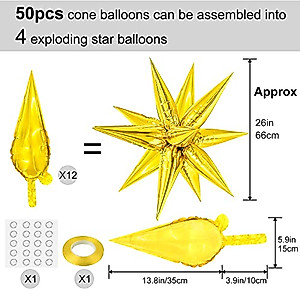 MIAHART 50 Pcs Gold Starburst Cone Mylar Balloons 26 inch Gold Foil Star Balloons Metallic Large Gold Point Star Balloons for Birthday Wedding Christmas Baby Shower Party Supplies