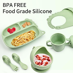 Dinosaur Silicone Baby Feeding Set, Baby Led Weaning Supplies, Dino Shapes Toddler Suction Plate and Bowl with Spoon Fork Sippy Cup Bib, Self Feeding Silicone Tableware, Green