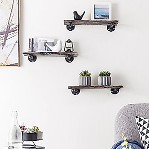 MyGift Wood Floating Shelves, Torched Wood Wall Shelf for Bedroom with Industrial Metal Pipe Brackets, Set of 3