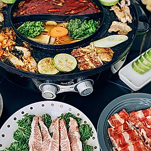 Food Party DUO Electric Smokeless Grill and Hot Pot, With Separable Cooking Plate, Deluxe Combo of 1 Recipe Book, 1 Tong, 1 Oil Brush, 1 Pack of Parchment Paper, for Hotpot KBBQ, Barbecue & Grill