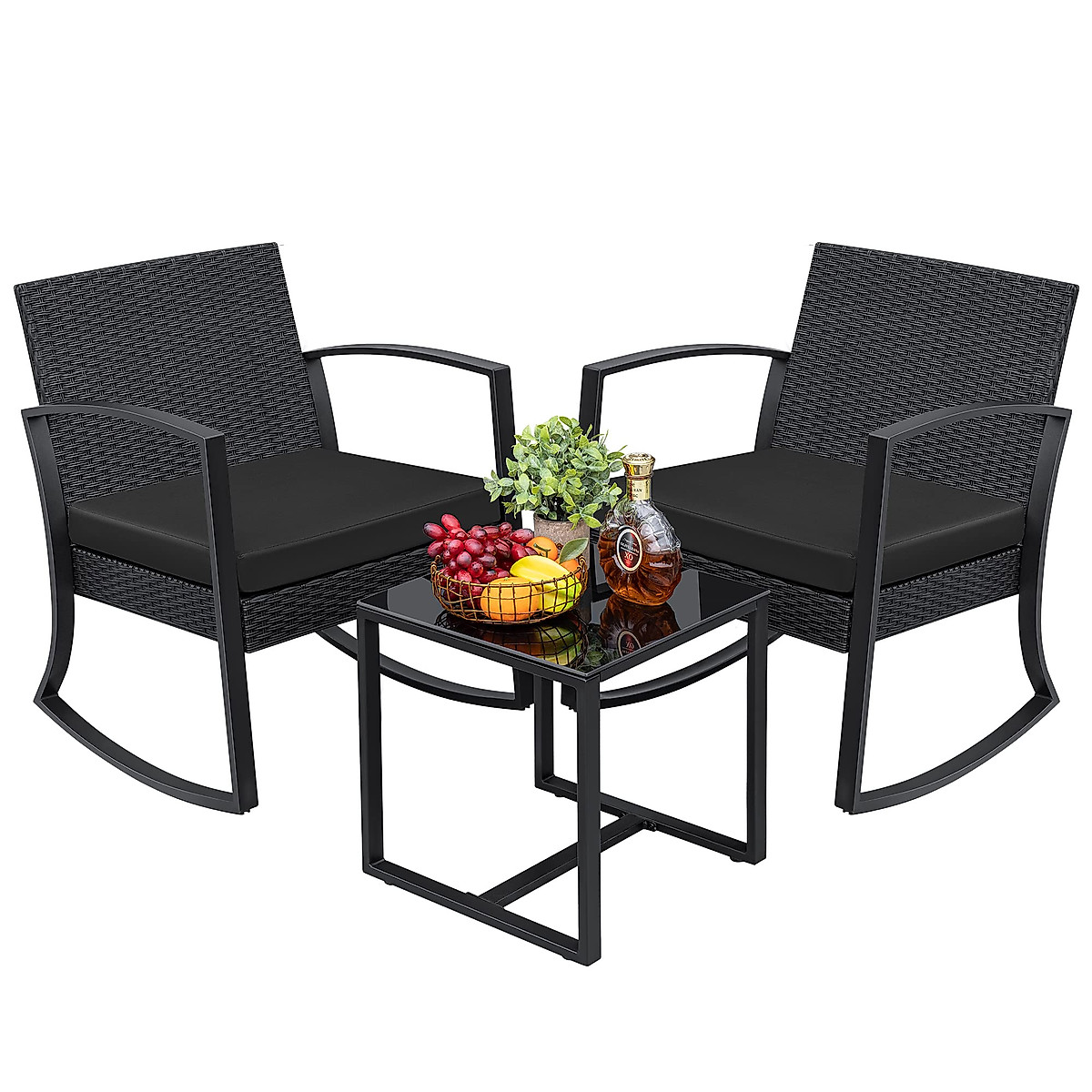 Greesum 3 Pieces Outdoor Furniture Set Patio Bistro Rocking Chairs and Glass Coffee Table, Black, Modern