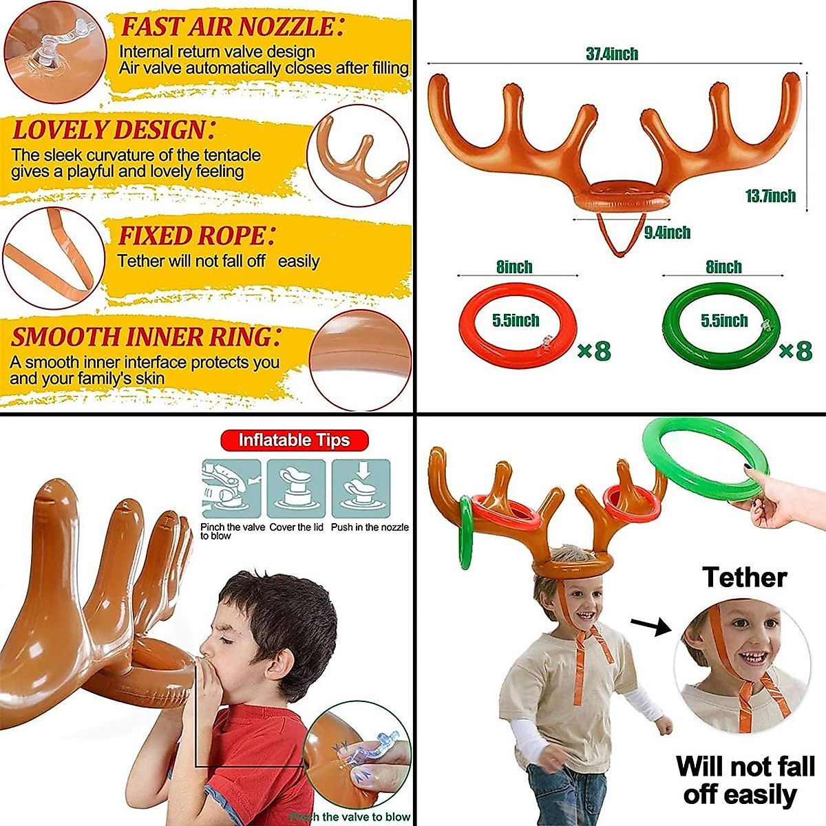 TOPLEE 20 Pieces Inflatable Reindeer Antlers Toss Game, Christmas Party Antler Hat Games for Kids Adults Family Indoor Outdoor Carnival Xmas Games(4 Antlers 16 Rings)