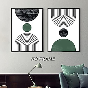 Mid Century Modern Wall Art Boho Abstract Painting Green Geometric Print Minimalist Boho Pictures Olive Green Poster Geometric Abstract Painting Black Line Boho Wall Art for Bedroom 16x24inx2 No Frame