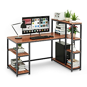 55 Inch Computer Desk with Shelves Monitor Shelf Stand Storage 4 Tier Shelves Large Writing Desk Study Table Space Saving for Home Office Laptop Computer Workstation