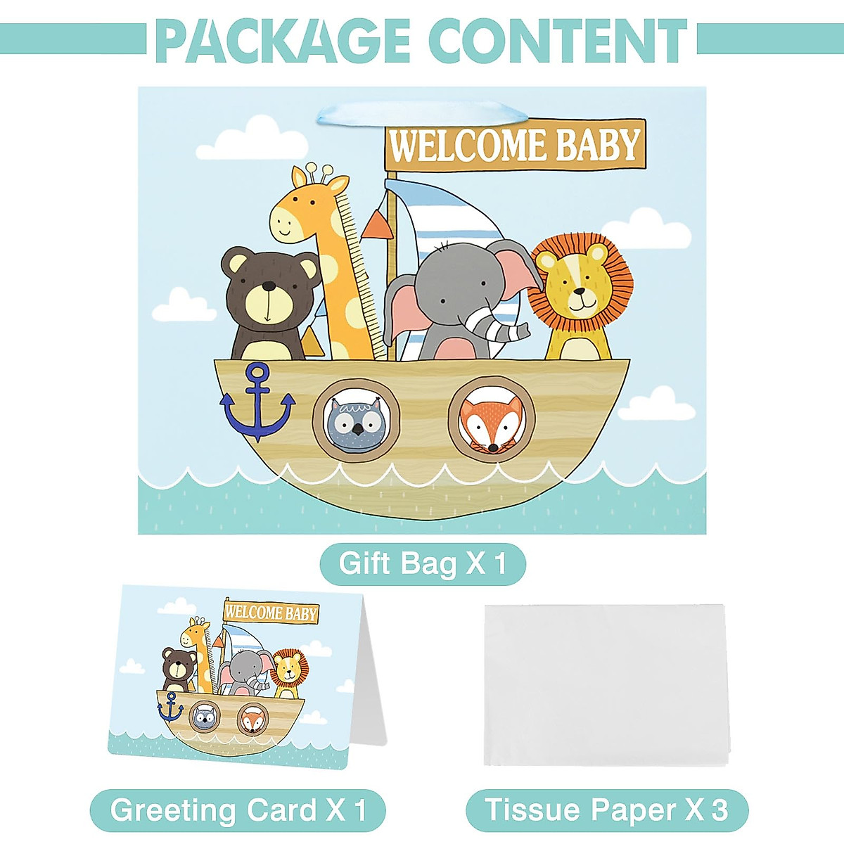 13" Large Baby Gift Bag with Card and Tissue Paper for Baby Shower,Kids Birthday (Animal)
