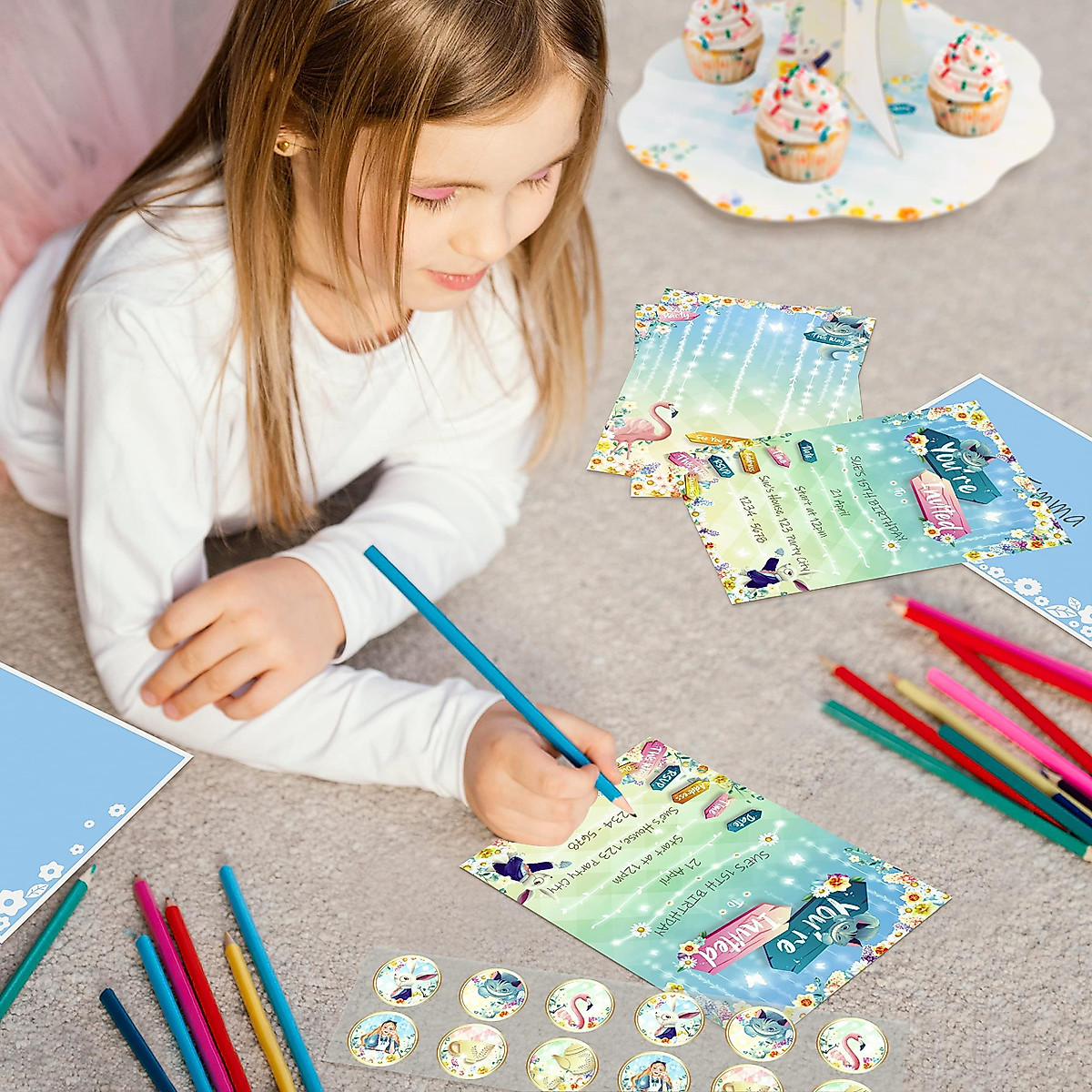 Cheerland 12 Set Alice in Wonderland Invitations Floral Invitation Card for Girls Birthday Invites Wedding Bridal Shower Anniversary Easter Baby Shower Sweet 16 Party Tea Party Supplies Pastel