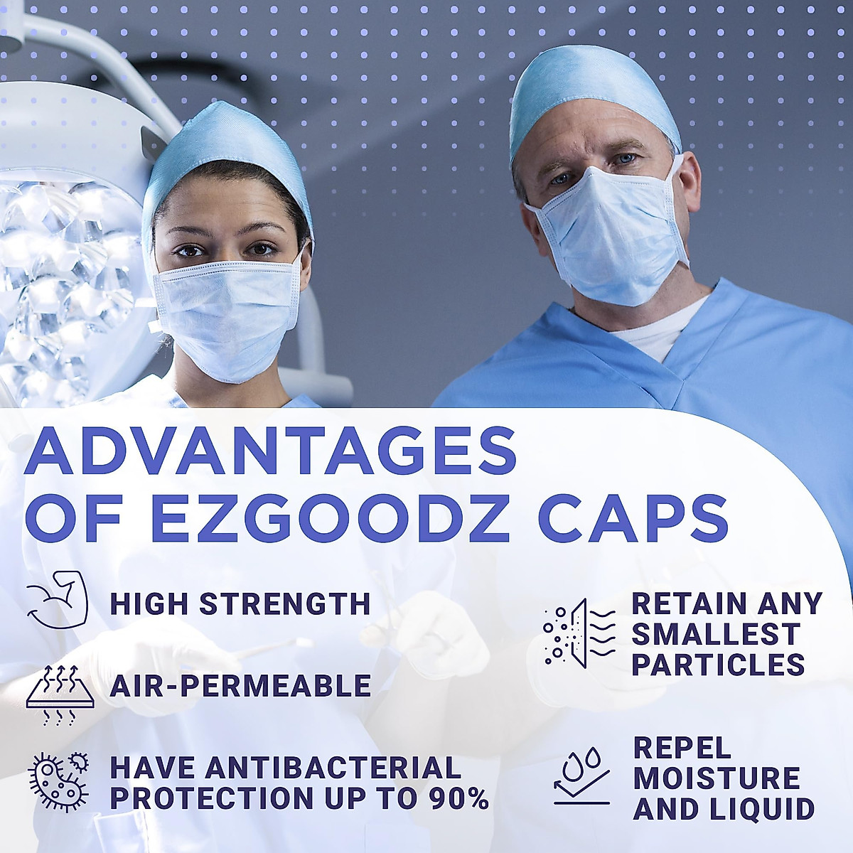 EZGOODZ Blue Disposable Surgical Caps for Women and Men. Pack of 100 Polypropylene Surgical Disposable Caps with Elastic Band 30 GSM. One Size Breathable Disposable Hair Covers for Hospital, Clinic