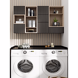 Toemics Washer Dryer Countertop, 27.5" x 54" Laundry Room Organization Shelf with Edge Rails for Washer and Dryer, Durable Melamine Finish, Non-Slip Pads, and 3 Laundry Bags, Black