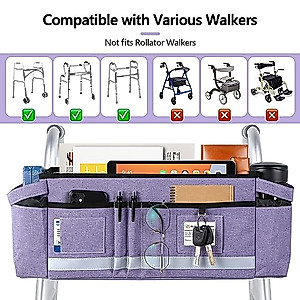 Walker Basket Walker Bag with Cup Holder,Baskets Bag for Walkers for Seniors with Pockets,Walker Pouch Walker Accessories for Folding Walker,Rollator Walkers (Purple)