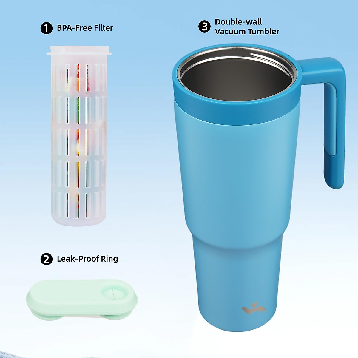 Konokyo Insulated Tumbler with Handle and Straw,40 OZ Vacuum Stainless Steel Water Bottle Travel Mug Metal Cup with Fruit Diffuser,Dark Blue