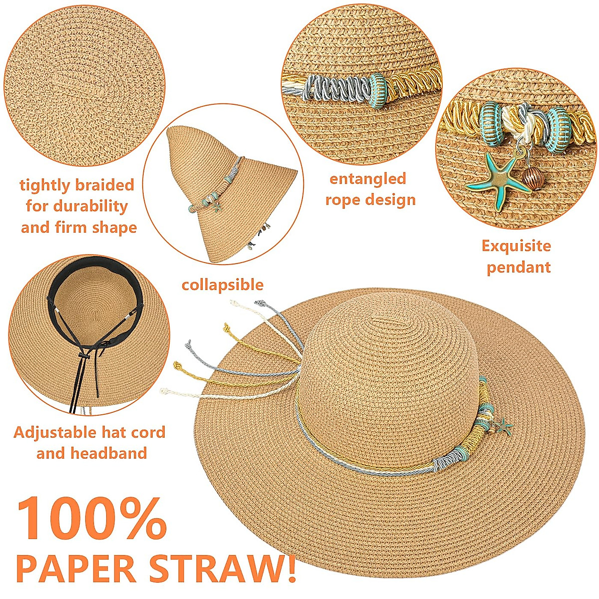 Beach Hats for Women Packable Boho Hat, Wide Brimmed Sun Hats for Womens Straw Hats for Summer UPF 50+ UV Protection Khaki