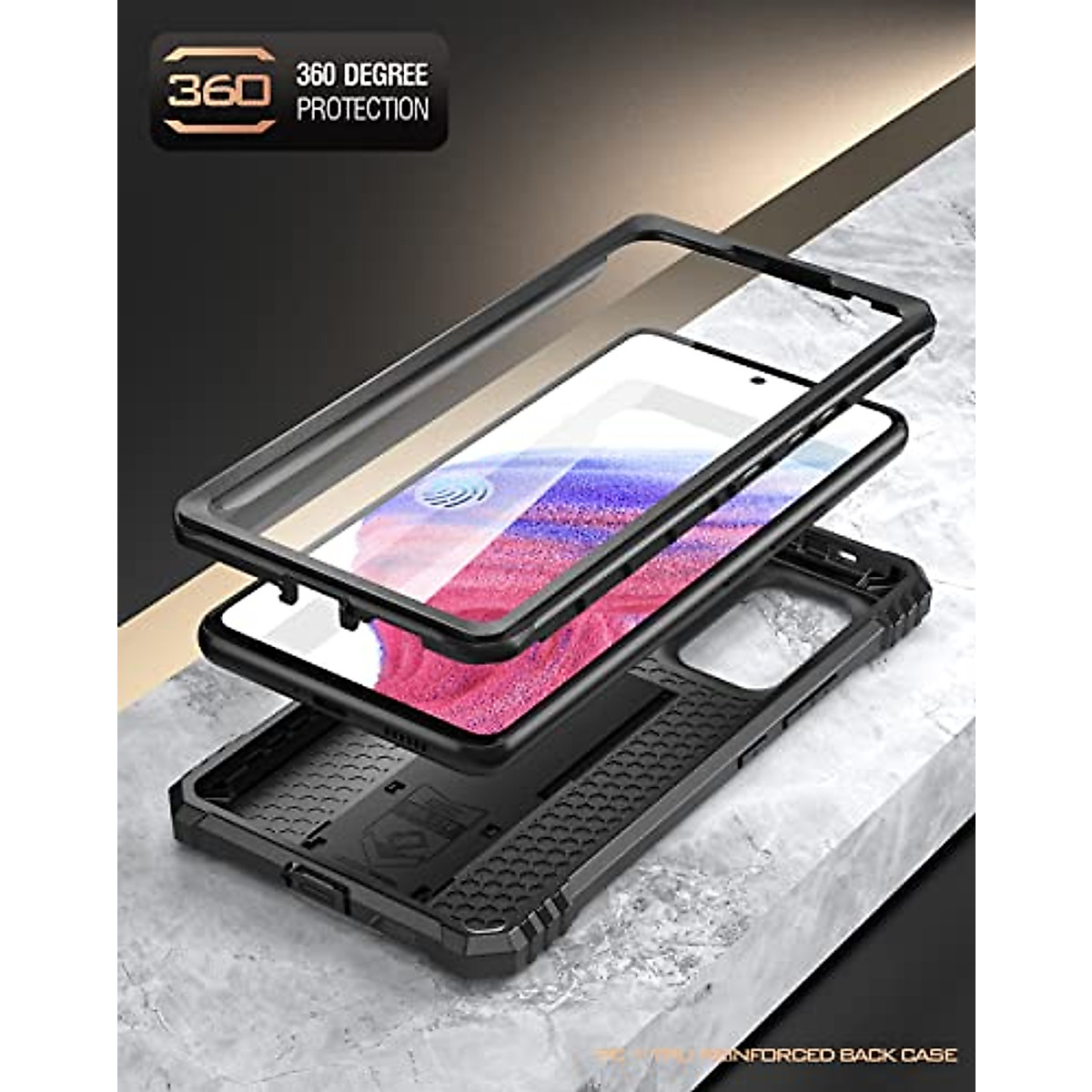 Poetic Revolution Case for Samsung Galaxy A53 5G (2022), Built-in Screen Protector Work with Fingerprint ID, Full Body Rugged Shockproof Protective Cover Case with Kickstand, Black