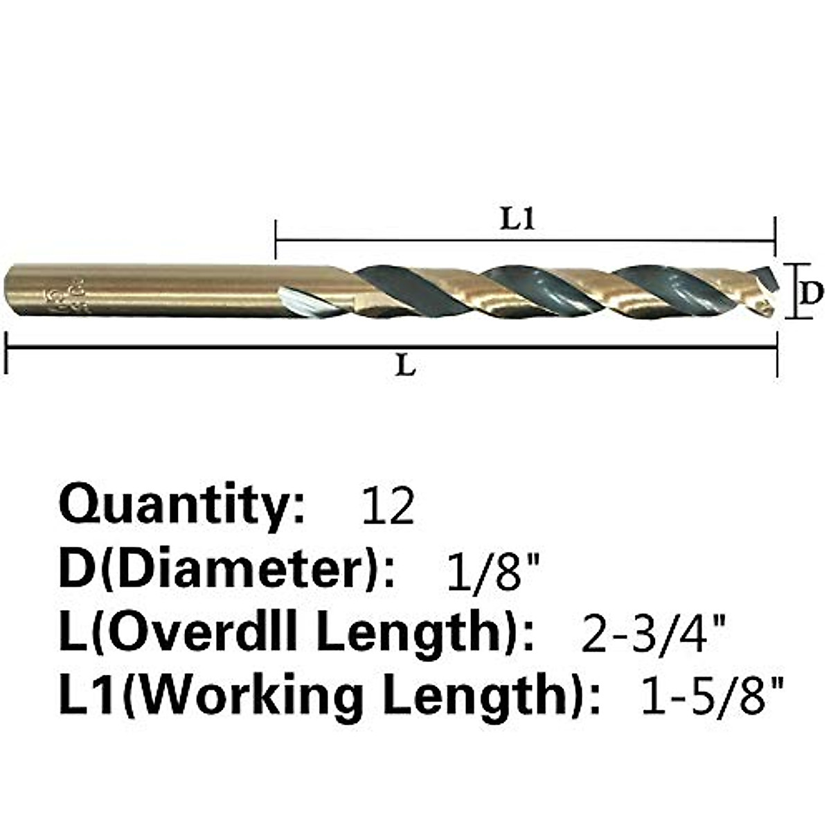 12PCS,1/8", Black and Gold Drill Bits