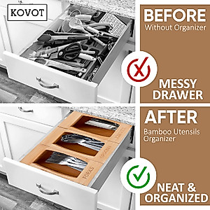 KOVOT Bamboo Utensils Organizer – Bamboo Wood Flatware Caddy – Cutlery Holder with 3 Separate Compartments – Forks, Spoons, Knives – Bamboo Organizing Box for Kitchen Counter, Drawers, Table