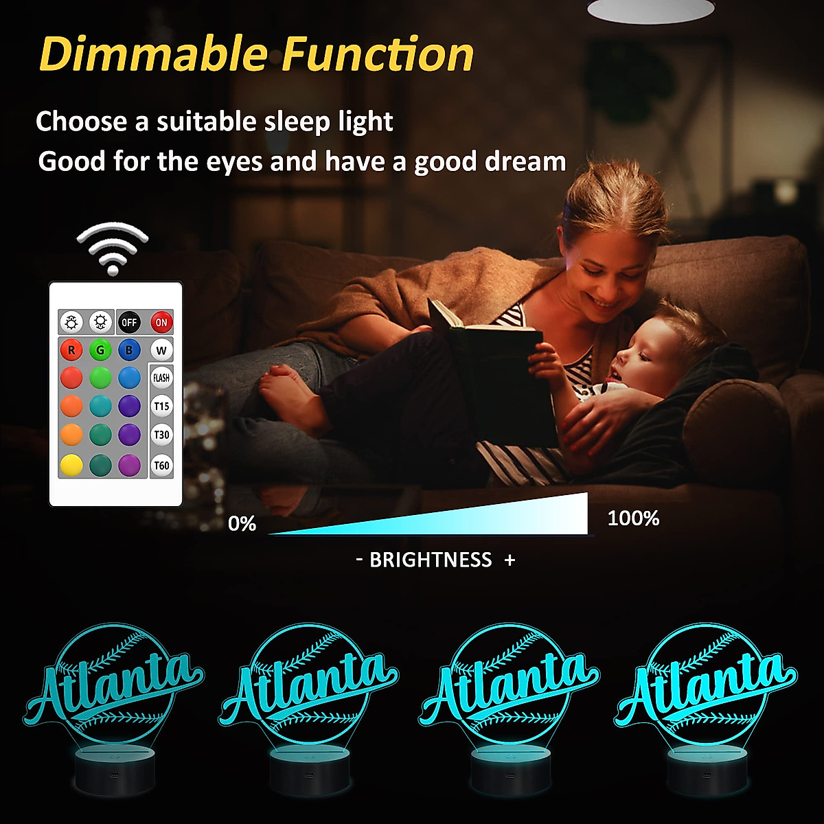Baseball Gifts, Baseball Night Light, 3D Illusion Lamp for Boys Gift 16 Changing Color Remote Control Kids Room Lighting Ball Decor (Atlanta)