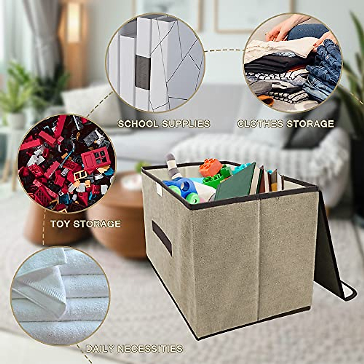 LELE LIFE Foldable Storage Box with Dustproof Lid and Handle, Foldable Storage Bin Collapsible Storage Organizer for Closet, Bedroom, Home, Beige