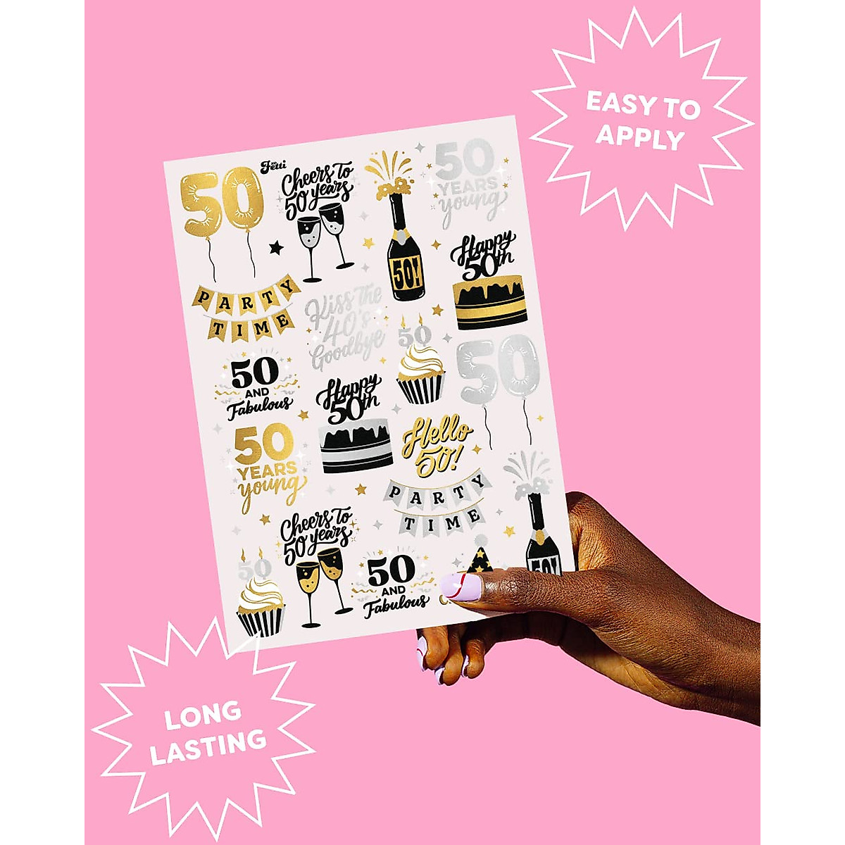 xo, Fetti 50th Birthday Party Decorations 50 and Fabulous Temporary Tattoos - 38 styles | Gold + Silver Foil Fifty Birthday Gift, Birthday Girl