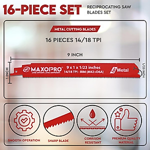 16 Pack 9 Inch 14/18 TPI Metal Reciprocating Saw Blades Set – Bi-Metal (M24-D6A) Auto Dismantling Sawzall Blades Metal for 3/32 to 5/16 Medium Metals