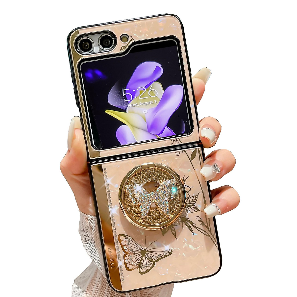 AMAZFCCY Galaxy Z Flip5 Kickstand Case,Cute Bling Butterfly Floral Elegant Luxury Rhinestone Diamond Shockproof Soft TPU Bumper Cover for Girls Women for Samsung Galaxy Z Flip 5 2023 (Rose Gold)