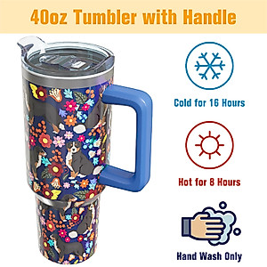 owbgsdh Bernese Mountain Dog Gifts for Women Lovers 40 oz Floral Bernese Mountain Tumblers with Handle and Straw, Stainless Steel Vacuum Insulated Travel Coffee Mug Cup Water Bottle
