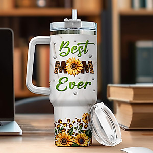 99OWL Cups Straws Coffee Black Water Green Simple Cup Be Tumblers Print Handle Day, Best Mom Ever Gifts, Tumbler 40 Oz With Handle Lid And Straw, Mom Carving Leopard Sunflower