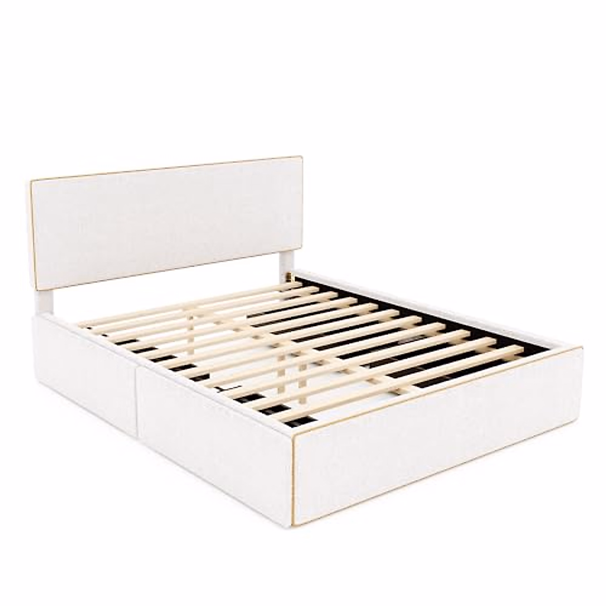 HBRR Queen Bed Frame with 4 Drawers, Upholstered Platform Queen Size Bed with Headboard Footboard, Wooden Slats Support, No Box Spring Needed, Easy Assembly, White