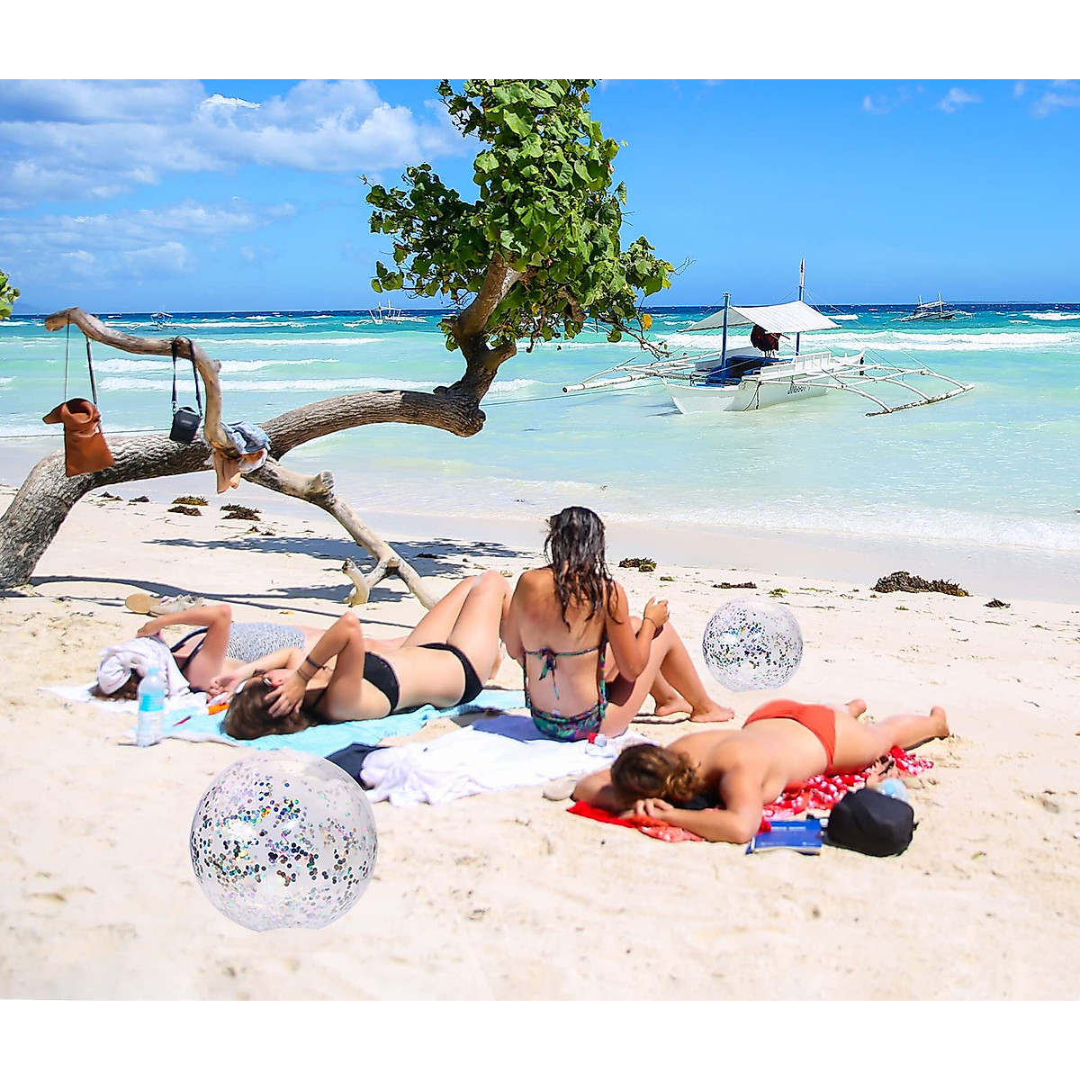 Glitter Beach Balls 2PCS Inflatable Floatable Confetti Swimming Pool Party Ball Clear Sand Sport Ball for Outdoor Summer Beach Pool Water Play Party Favor for Adult Boys Girls (11 Inch, Silver)