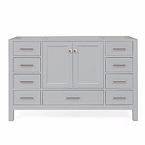 ARIEL 54" Grey Bathroom Vanity Base Cabinet, Single Sink Configuration, 2 Soft Closing Doors, 9 Full Extension Dovetail Drawers, Brushed Nickel