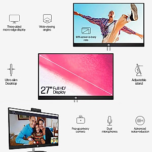 HP Newest 27 All in One Computer, 27" FHD Screen, Intel Core i7-1355U, 4GB RAM, 1TB PCIe SSD, IR Camera, Wired KB & Mouse, HDMI, RJ-45, Wi-Fi 6, Bluetooth, Windows 11 Home, Black