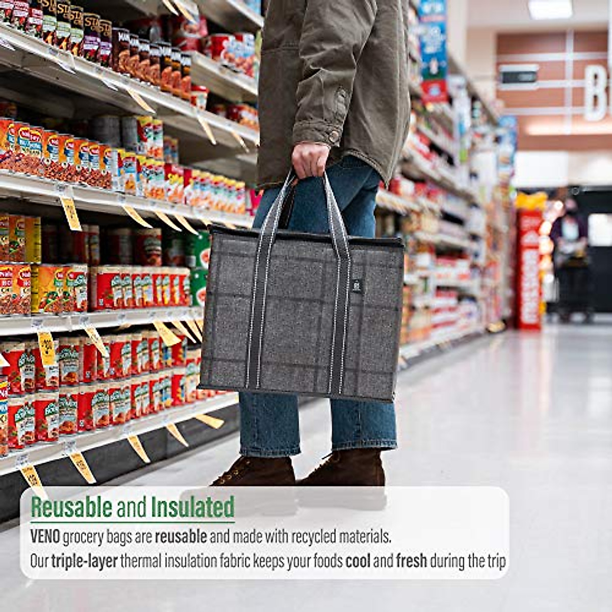 VENO 2 Pack Large Insulated Reusable Grocery Bag w/ Cardboard Bottom, Food Delivery, Heavy Duty, Collapsible (BLK Windowpane)