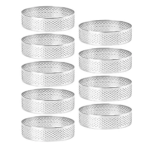 Frcctre 9 Pack Round Tart Ring, Perforated Baking Tart Rings, Stainless Steel Nonstick Round Cake Ring Mousse Rings, Metal Pastry Cake Mold, Baking Dessert Ring for Home Food Making Tool