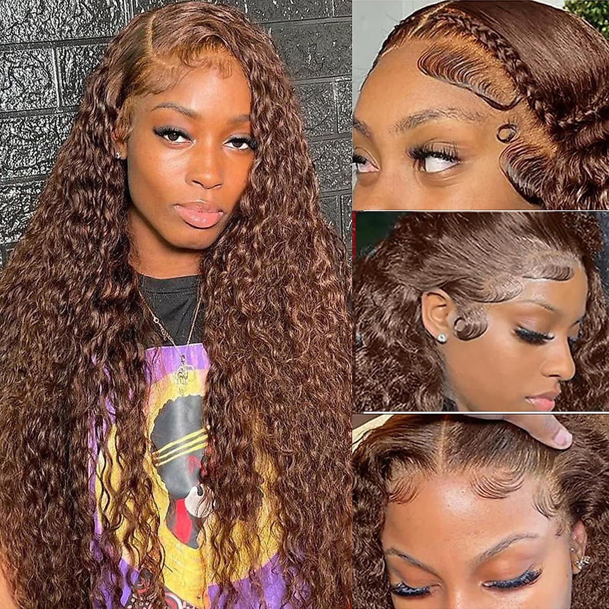 Chocolate Brown Deep Wave Lace Front Wigs Human Hair 13x6 Hd Lace Curly Lace Frontal Wigs for Black Women Human Hair Pre Plucked Wet and Wavy Glueless 4# Brown Colored Wig 16 Inch
