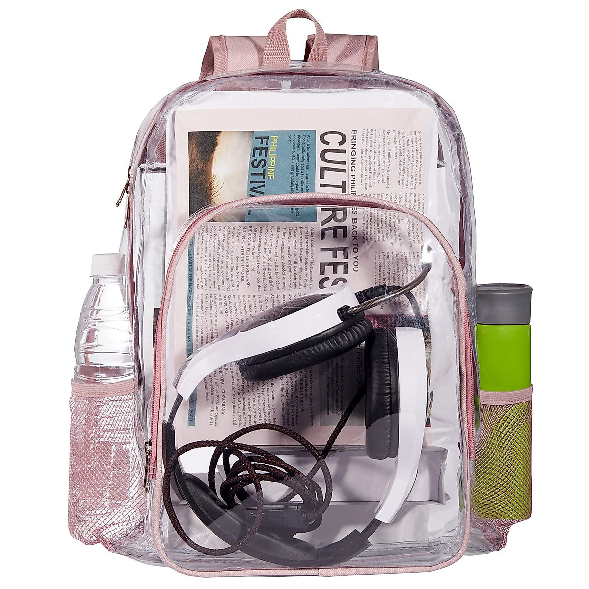 ZJIE Clear Backpack Heavy Duty Transparent Backpack See Through Backpacks Clear PVC Bookbags for School, Work, Travel, Festival, College, Rose Gold