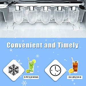 Kismile Ice Maker, Compact Ice Machine, 9 Bullet Ice Cubes Ready in 8 Mins, 26lbs in 24Hrs, Countertop Ice Maker with Ice Scoop & Basket for Home Bar, Office, Kitchen