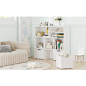 Knowfunn Toy Storage Cabinet with 3 Movable Drawers & 6 Cubes, Children's Toy Shelf Kids Bookshelf with Hidden Wheels, Kids Bookcase Toy Storage Organizer for Bedroom & Playroom & Nursery (White)