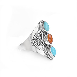 YoTreasure .925 Sterling Silver Turquoise 3 Stone Wide Band Boho Ring