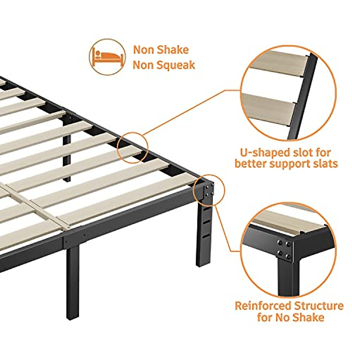 ZIYOO Queen Size Bed Frame, 3" Extra Wide Wood Slats with Better Support for Mattress,14 Inch High, No Box Spring Needed, Noise Free, Easy Assembly