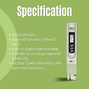 HM Digital TDS-3 Handheld TDS Meter With Carrying Case, 0 - 9990 ppm TDS Measurement Range, 1 ppm Resolution, +/- 2% Readout Accuracy