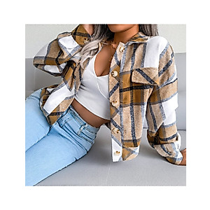 Womens Casual Plaid Shacket Long Sleeve Wool Blend Button Down Shirt Jacket Tops(Khaki,M)