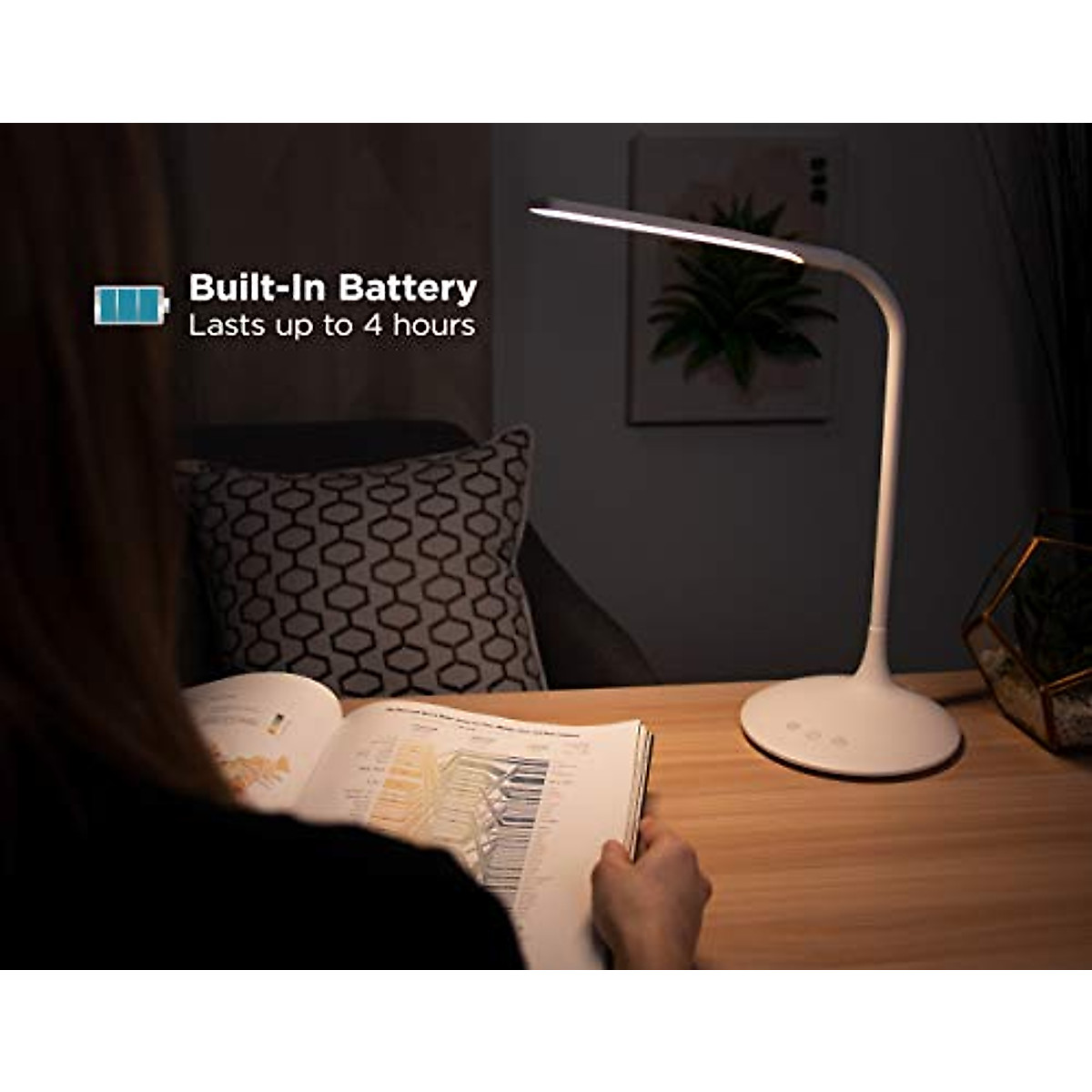 BLACK+DECKER VLED1819-BD Battery LED Desk Lamp, Dimmable with Adjustable Color Temperature, 4 Hour Battery Life, Rechargeable, Eco Friendly, White