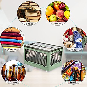 BTSKY 2 Pack Clear Plastic 4 Doors Collapsible Storage Bins with Lid & Wheels 20 L Foldable Lidded Storage Box Multifunctional Stackable Folding Organizer Cube for Camping Clothes Toys Snacks Storage Box Container (Green)