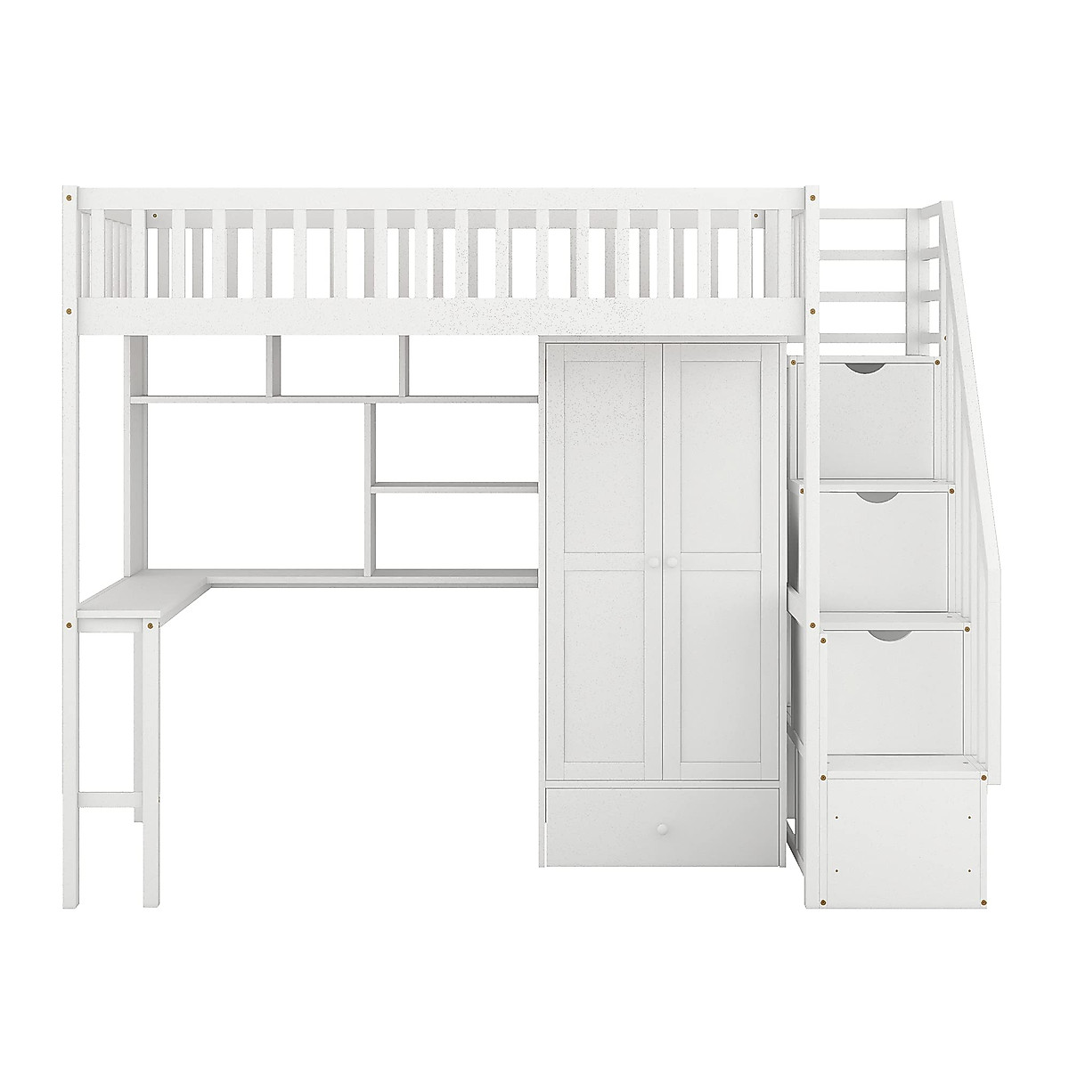 Quarte Multifunctional Wooden Twin Size Loft Bed with Built-in Desk,Bookshelf and Wardrobe,Drawers and Storage Stairs,for Kids Boys Girls Teens Adults Bedroom (White@r)