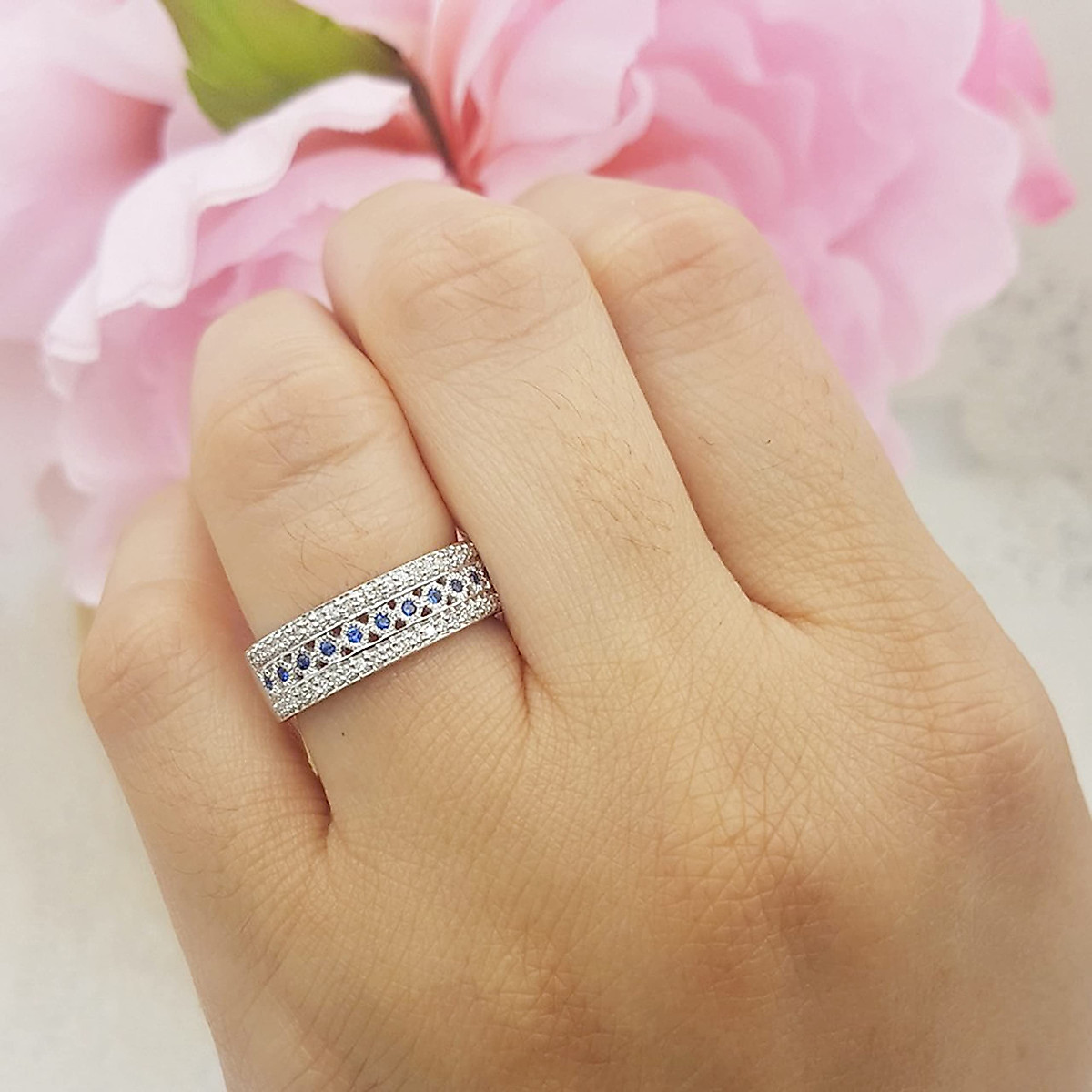 Dazzlingrock Collection Round Blue Sapphire & White Diamond Ladies Anniversary Triple Row Thick Fancy Wedding Band | 10K White Gold, Size 7