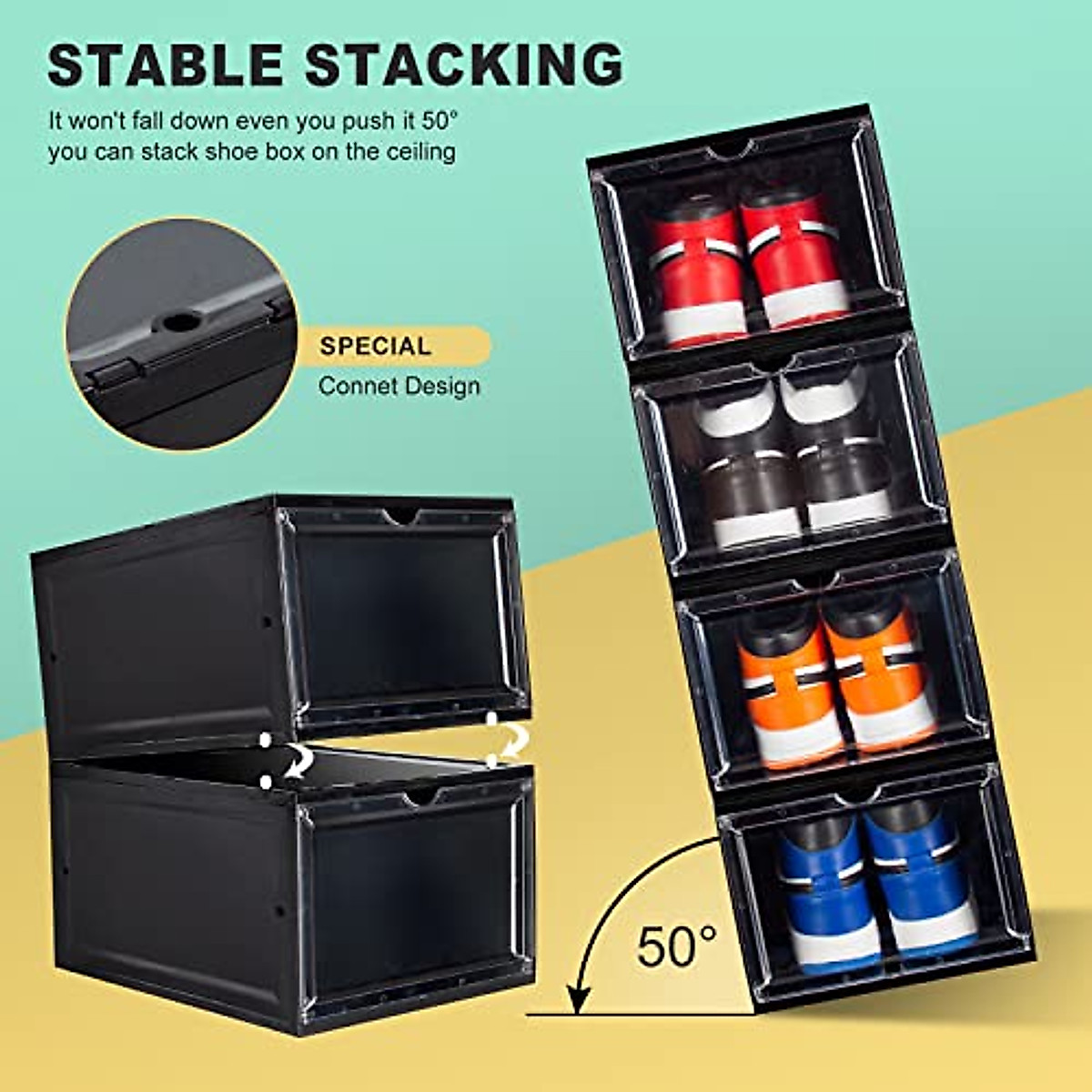 HIYOHIYO 4 Pack Drop Front Shoe Box, Shoe Boxes Stackable Sneaker Containers Magnetic Box Drop Front Shoe Organizer Shoes Cases Display Bins for Living Room Fit up to Size 12 (13.4x 9.8x 7.1) (Black)
