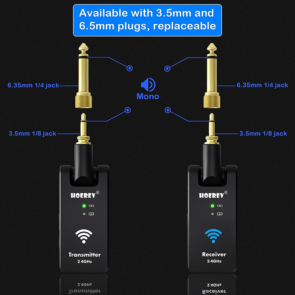 HOEREV 2.4GHz Wireless Transmitter Receiver for Electric Guitar with Rechargeable Lithium Battery