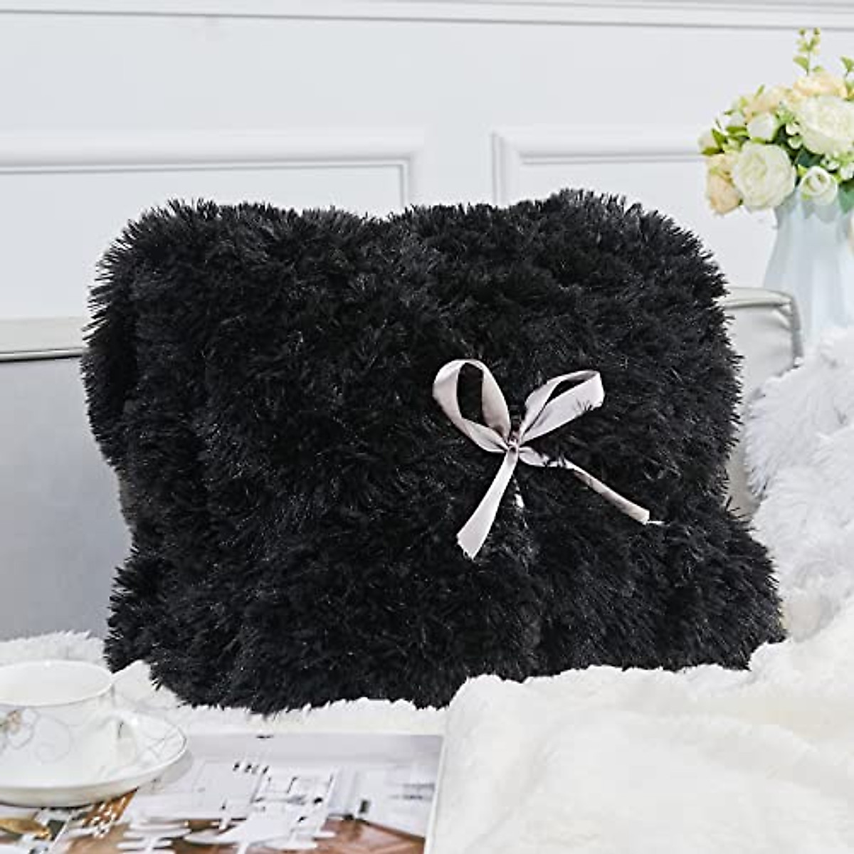 GONAAP Fuzzy Faux Fur Throw Blanket Black Super Soft Cozy Plush Fuzzy Shaggy Blanket for Couch Sofa Bed (Black, Throw(50"x60"))