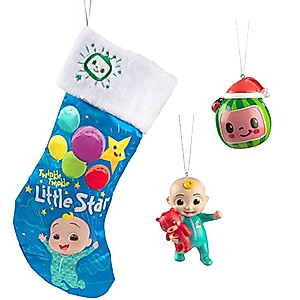 Kurt Adler CoComelon JJ and Melon Christmas Ornaments and Stocking Set of 3-2 Holiday Tree Ornaments & Stocking - Officially Licensed - Gift for Kids