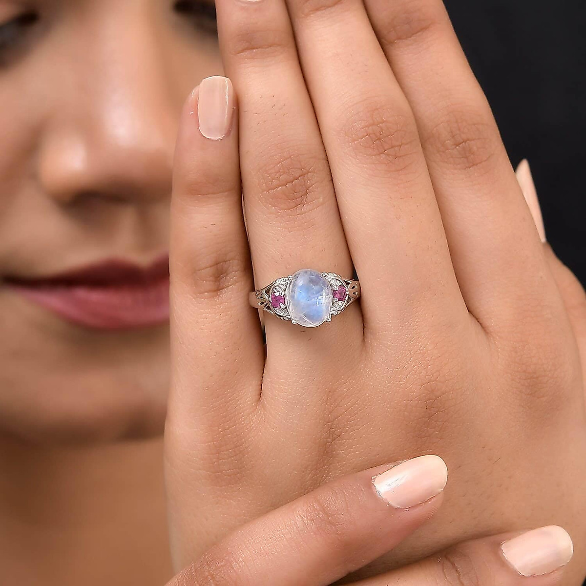 Shop LC Rainbow Moonstone Rhodolite Garnet Ring for Women 925 Sterling Silver Platinum Plated Gifts for Women for Her Size 8 Birthday Gifts