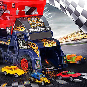 Aoskie Transport Car Carrier Truck Toy for Boys and Girls, Hauler Launch Vehicles Play Set with Mini Cars and Road Signs